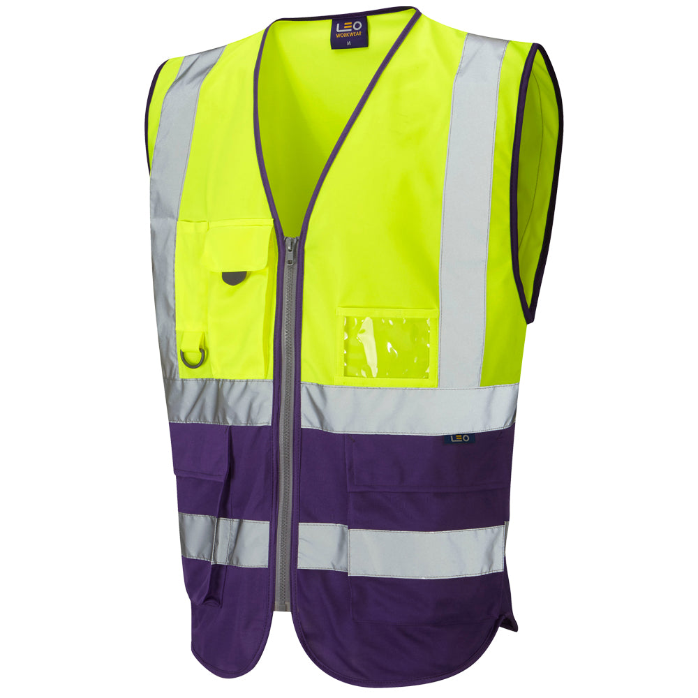 Leo Workwear LYNTON Leo EcoViz Superior Waistcoat - Hi-Vis Yellow/Purp ...